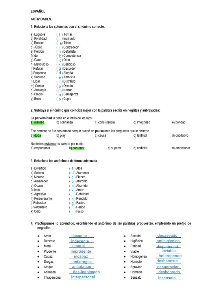 Espanol Ejercicio de Prácticas Léxicas Contestado-1-3 | PDF