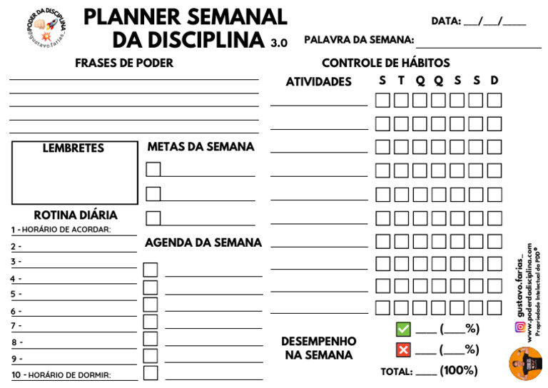 Planner+Semanal+da+Disciplina+2 0+-+Layout+Horizontal+Controle+de+H ...