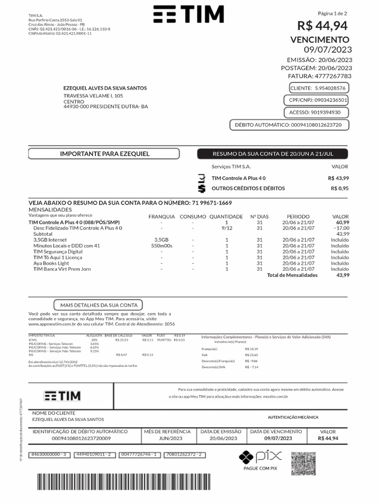 Conta de Plano Tim | PDF