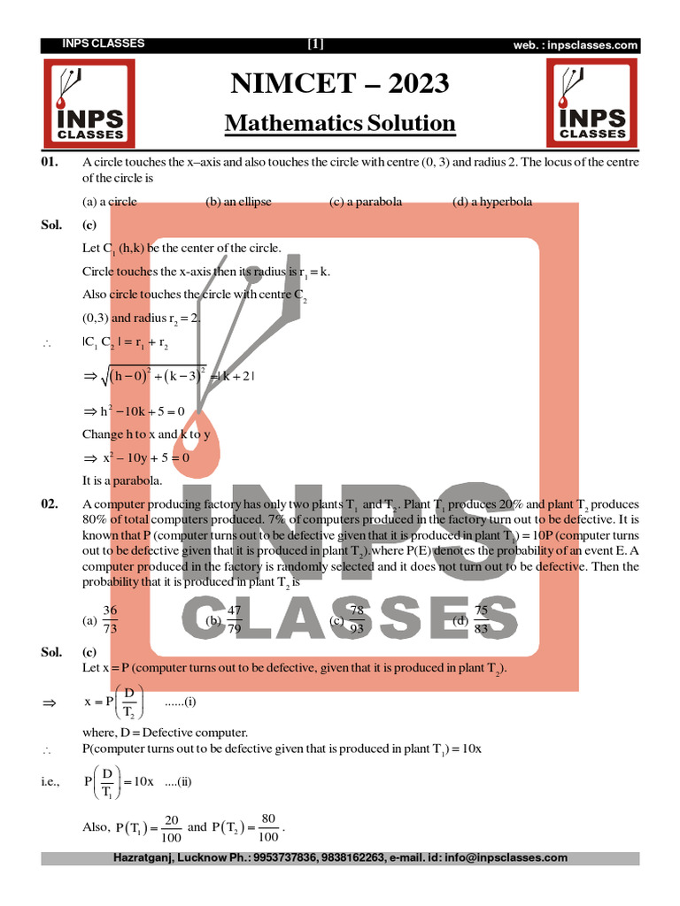 NIMCET 2023 Mathematics Solution INPS Classes | PDF | Zero Of A Function | Mathematics