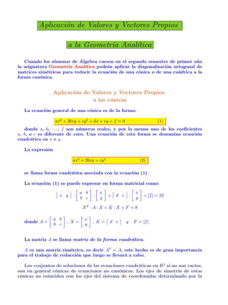 Aplicacion de Valores y Vectores Propios A Conica Rotada | PDF | Ecuaciones | Matriz (Matemáticas)
