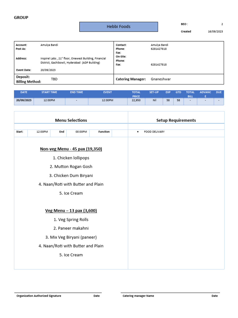 20-09-2023 Event BEO | PDF | Food And Drink | Asian Cuisine