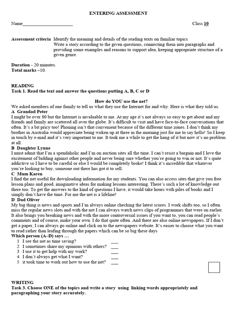 Entering Assessment For Grade 10 | PDF