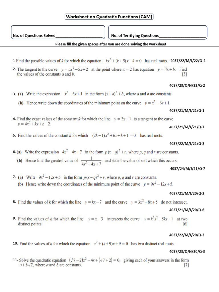 Worksheet On Quadratic Functions My Pdf