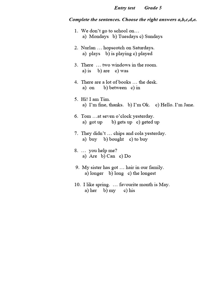 Grade 5 Entrance Exam Sample Test | PDF | Language Arts & Discipline