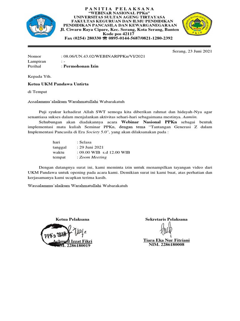 Surat Permohonan Izin UKM Pandawa UNTIRTA | PDF