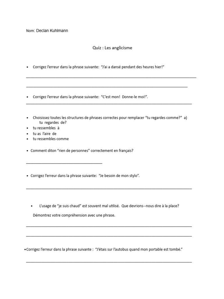 Les Anglicismes - Feuille de Travail | PDF