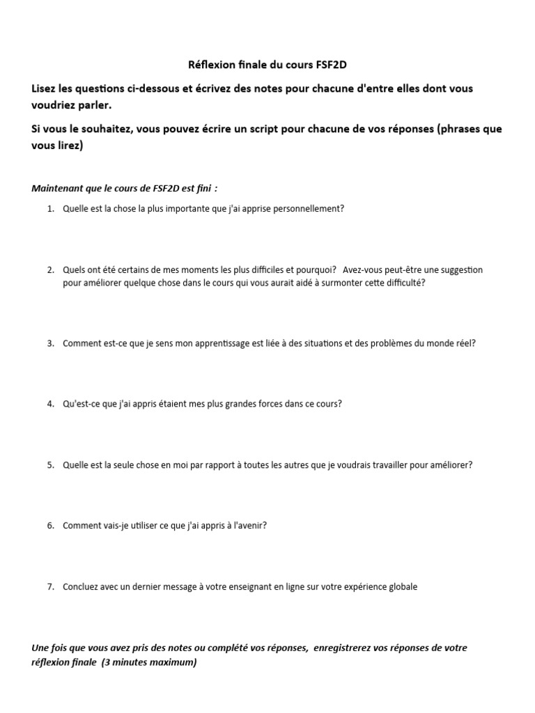 Réflexion Finale FSF2D : Bilan Personnel | PDF | Évolution de carrière ...