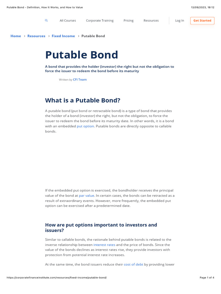 Putable Bond - Definition, How It Works, and How To Value | PDF | Bonds ...
