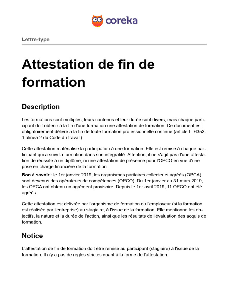 Ooreka Attestation Fin Formation | PDF | Évolution de carrière ...