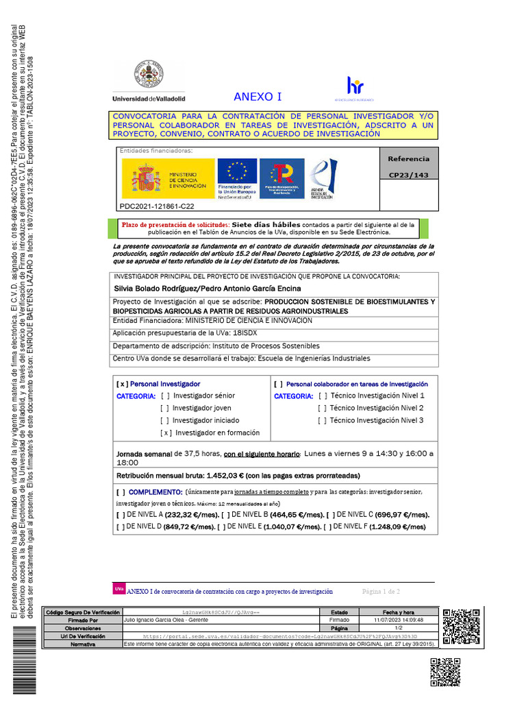 Anexo I Investigador en Formació N Convocatoria CP23-143 | PDF
