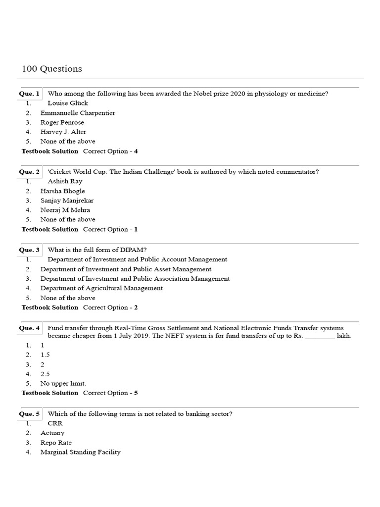 100 Questions | PDF | Reserve Bank Of India | Consonant