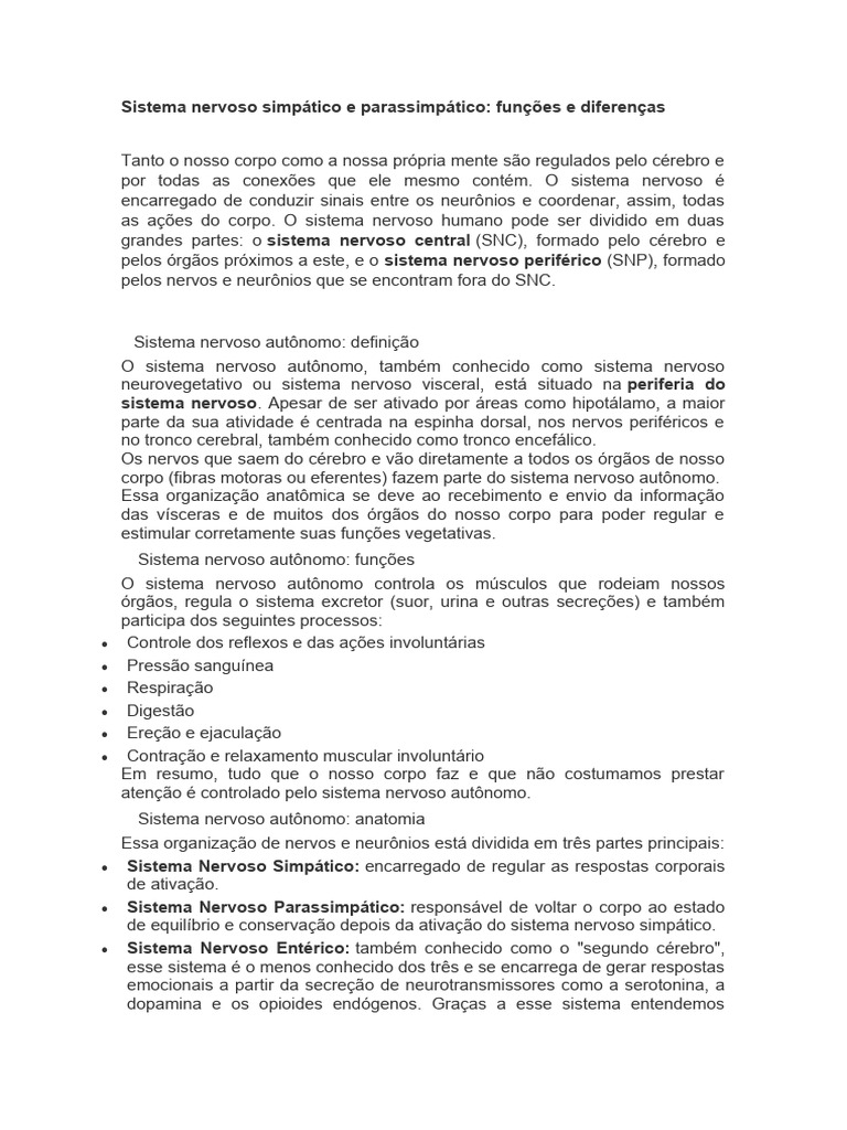 Sistema Nervoso Simpático e Parassimpático | PDF | Sistema nervoso ... Sistema Nervoso Simpático e Parassimpático | PDF | Sistema nervoso ...