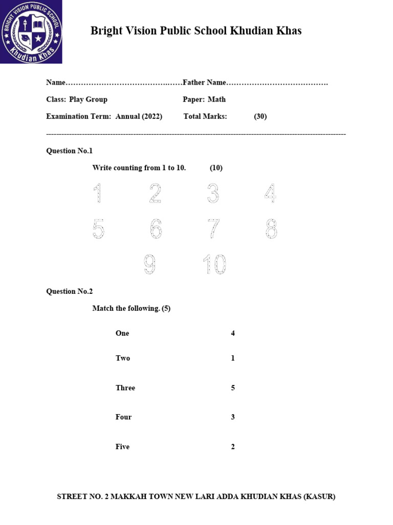 Play Group Paper Math 2022 | PDF