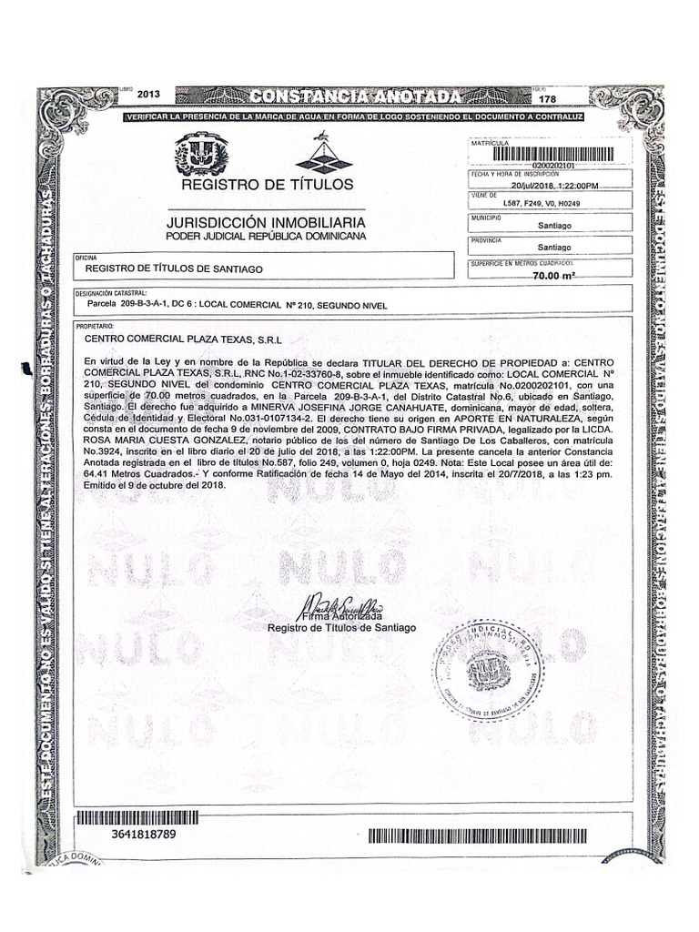 Certificado de Titulo de Propiedad de La Republica Dominicana | PDF Certificado de Titulo de Propiedad de La Republica Dominicana | PDF