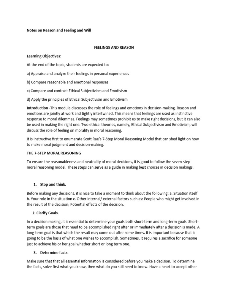 Notes On Reason and Feeling and Will | PDF | Reason | Immanuel Kant