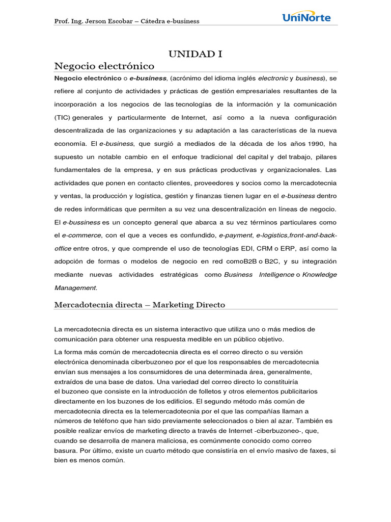 Negocio Electrónico (E-Business) Unidad I | PDF | Negocio electrónico | Marketing directo