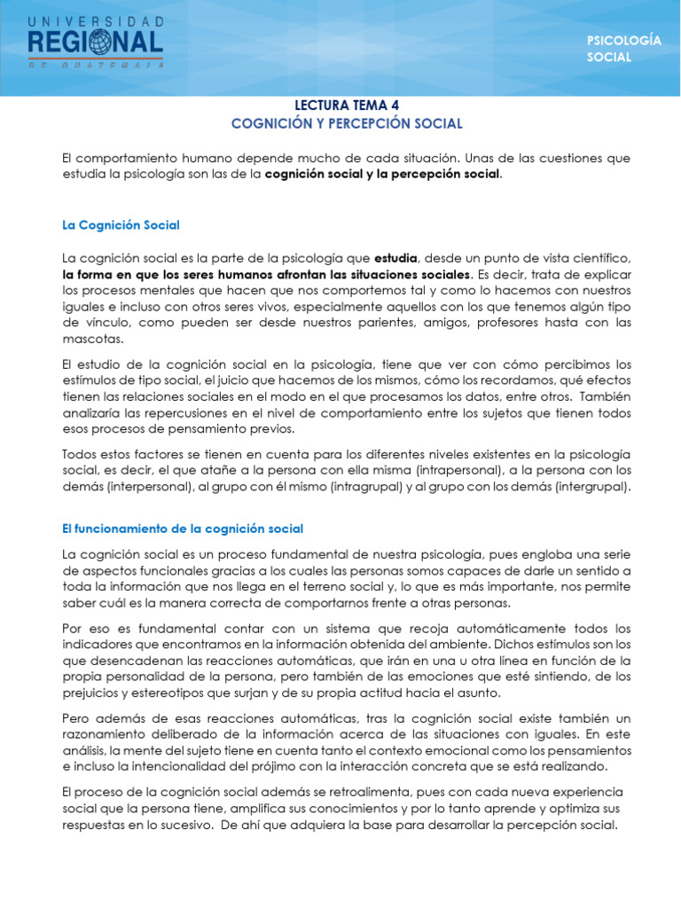 Tema 4. Cognición y Percepción Social | PDF | Percepción | Sicología