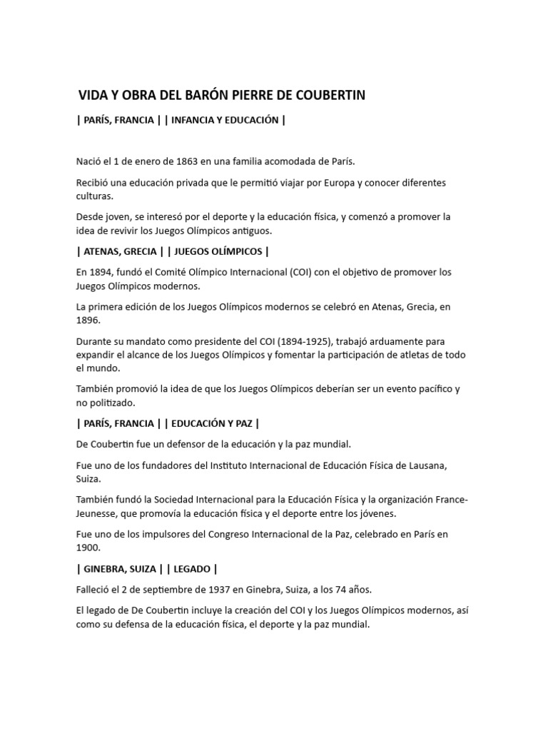 Vida y Obra Del Barón Pierre de Coubertin | PDF