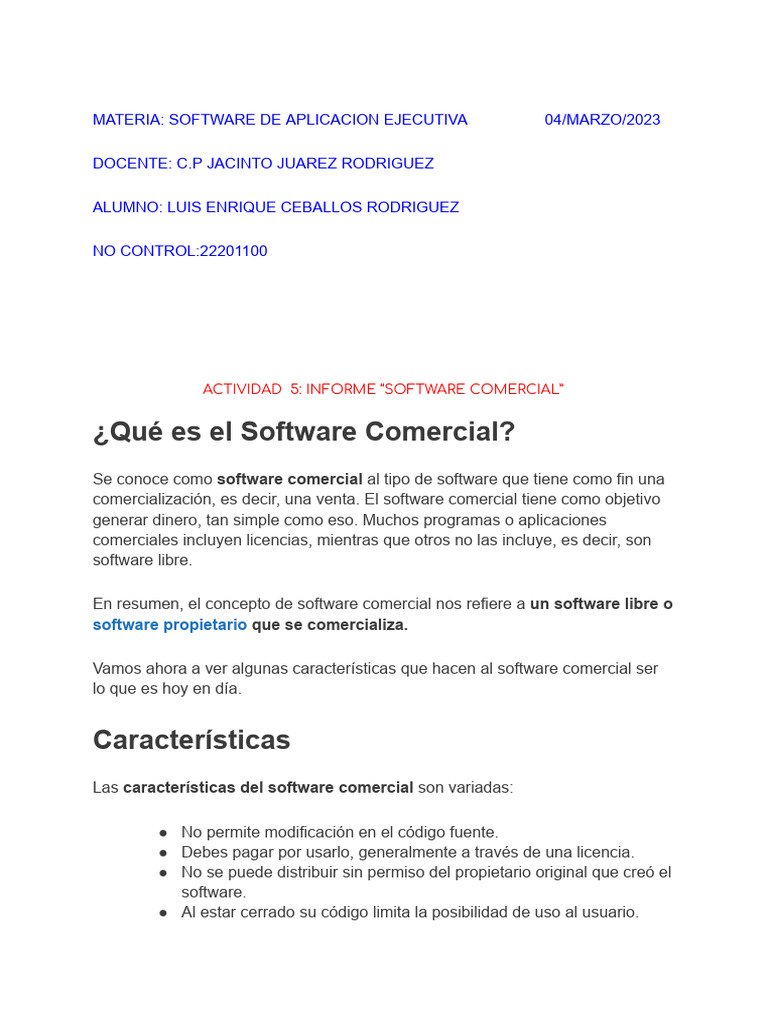 Características del Software Comercial | PDF | Software | Interfaz de usuario