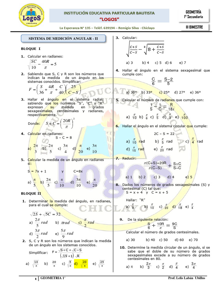 Geometria y Trigonometria 1° - Sistema de Medicion Angular - Ii | PDF | Metrología | Matemáticas