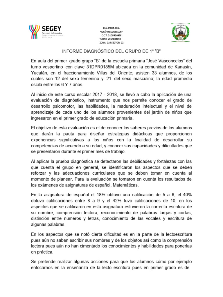 Informe Diagnostico Primaria | PDF | Evaluación | Educación primaria