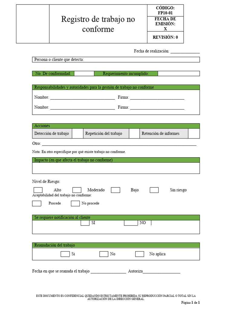 Registro de Trabajo No Conforme | PDF
