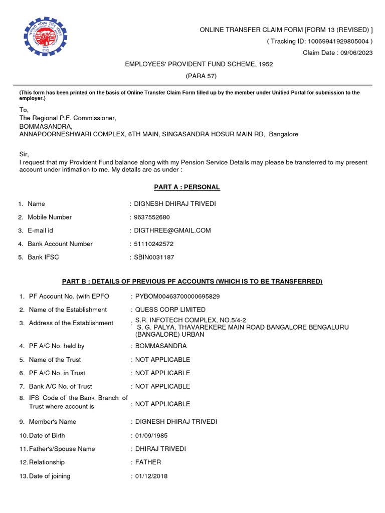 EPF Online Transfer Claim Form | PDF | Retirement | Economies