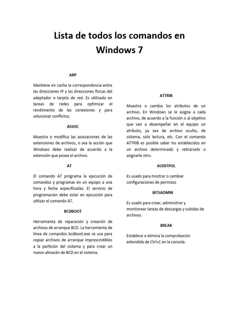 Lista De Todos Los Comandos En Windows 7 Pdf Archivo De Computadora Registro De Windows