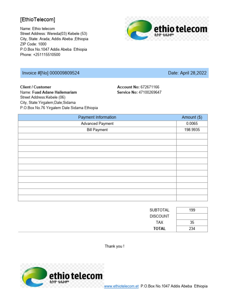 Ethio Telecom Utility Bill | PDF Ethio Telecom Utility Bill | PDF