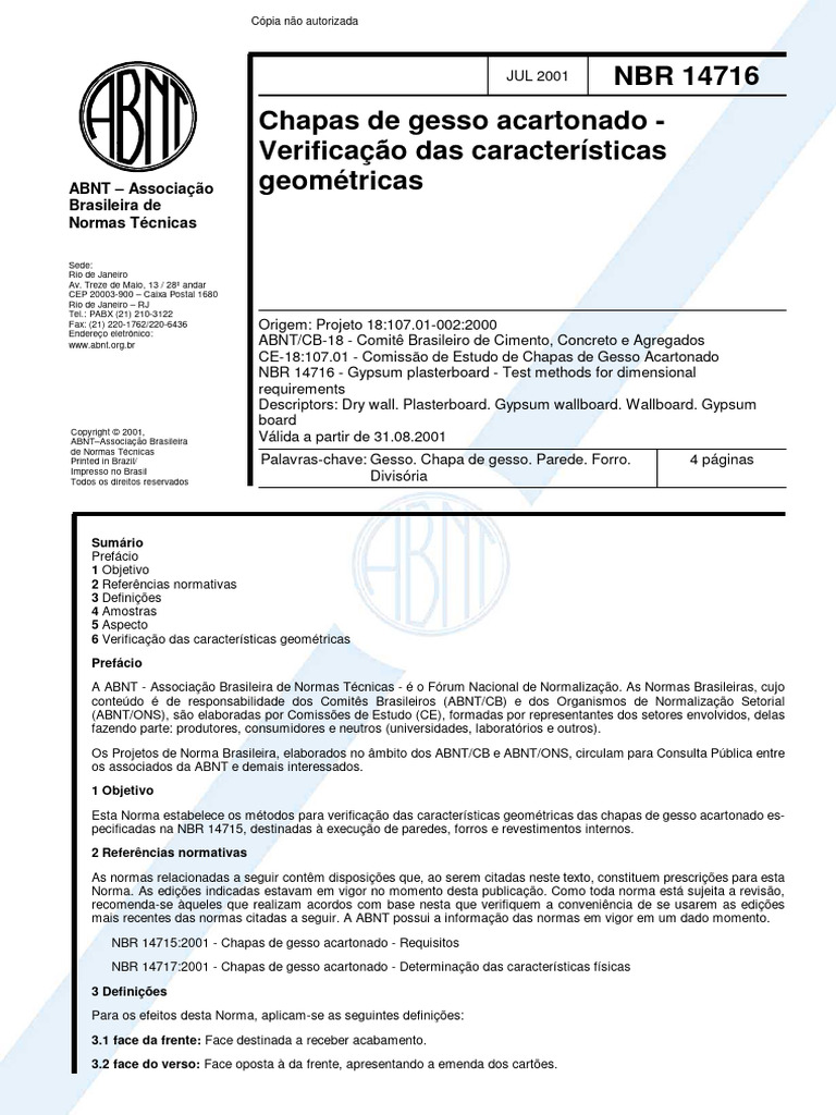 NBR 14716 - Chapas de Gesso Acartonado - Verificacao Das ...