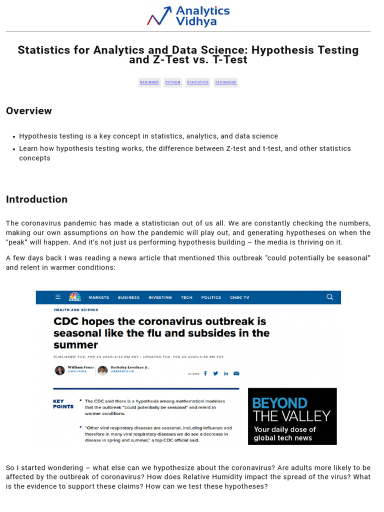 Hypothesis Testing: Z-Test vs. T-Test | PDF | P Value | Statistical ...