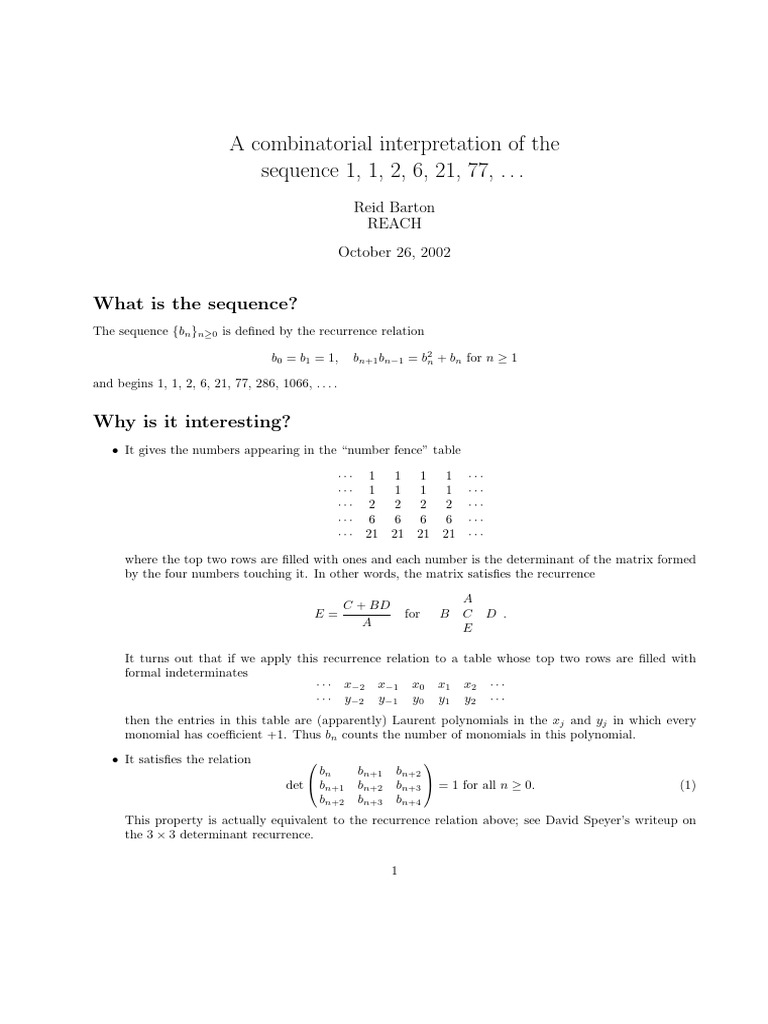 A Combinatorial Interpretation Of The Sequence 1 1 2 6 21 77 Pdf Recurrence