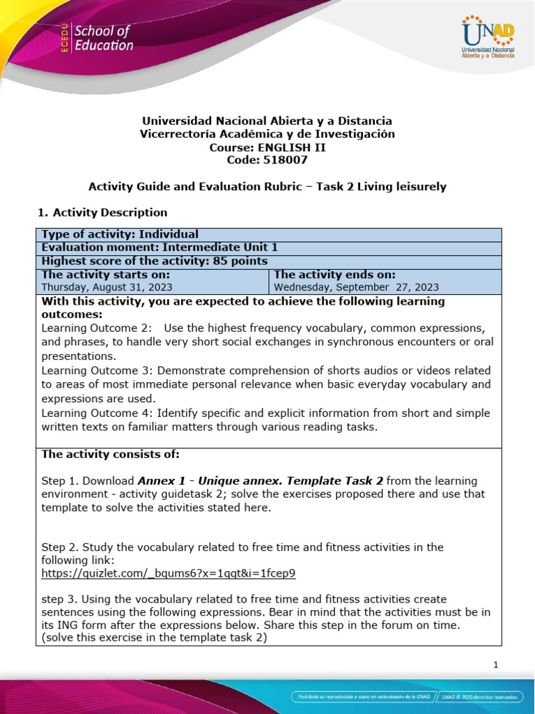 Activities Guide And Evaluation Rubric Unit 1 Task 2 Living Leisurely Pdf