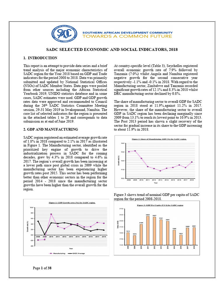 SADC Economic & Social Indicators 2018 | PDF | Economic Growth | Economies