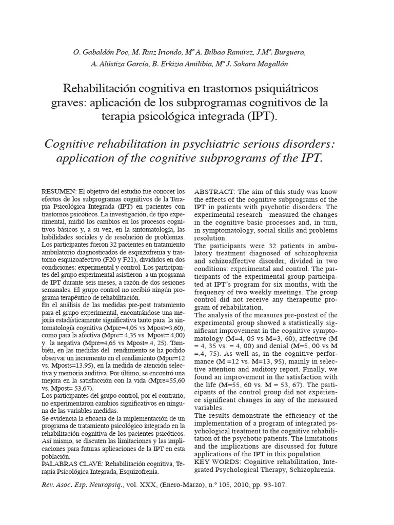 Rehabilitación Cognitiva en Trastornos Psiquiátricos Graves: Aplicación ...