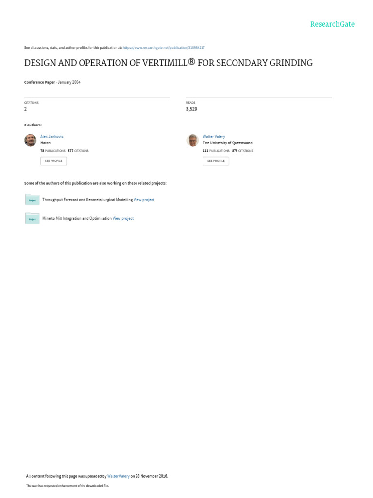 Design and Operation of Vertimill® For Secondary Grinding: January 2004 ...