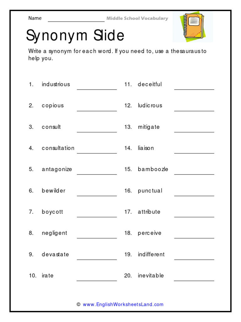 Middle School Synonyms Worksheet | PDF