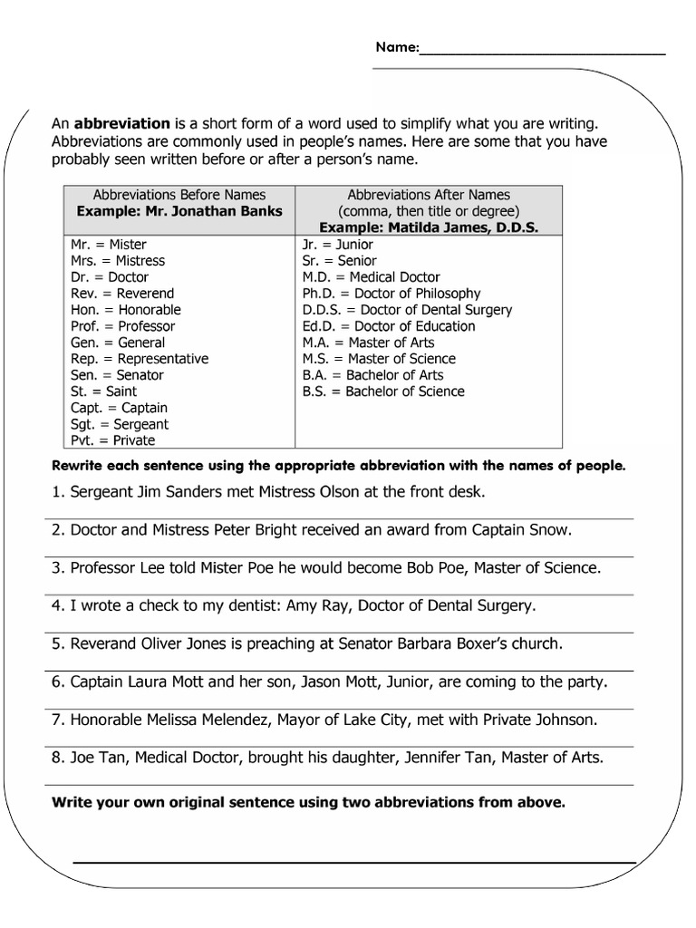 abbreviations worksheet with answers | PDF