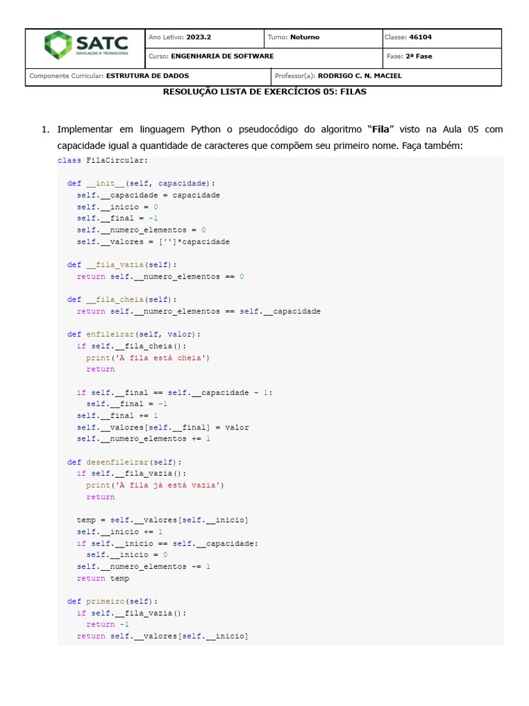 RESOLUÇÃO Lista de Exercícios 05 - Filas | PDF | Python (linguagem de ...