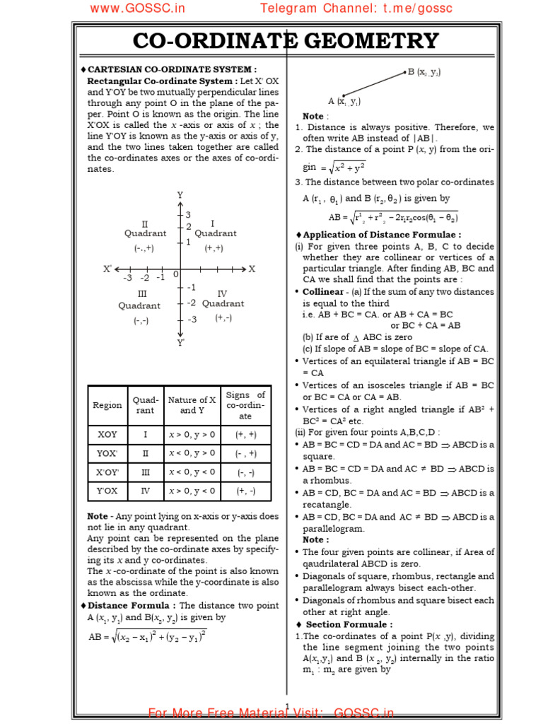 Coordinate Geometry Notes Pdf Cartesian Coordinate System