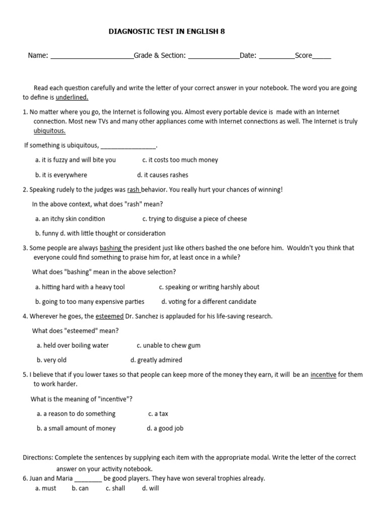 Diagnostic Test in English 8 | PDF | Verb | Adjective