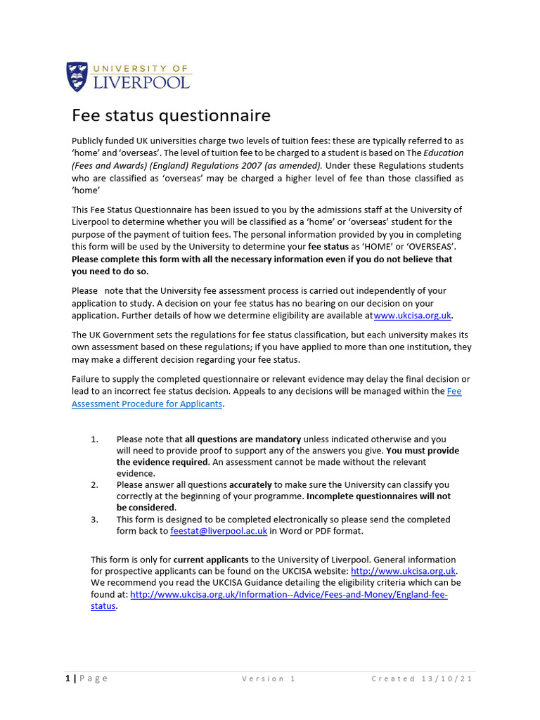 UoL Fee Status Questionnaire | PDF | Human Migration | International Law