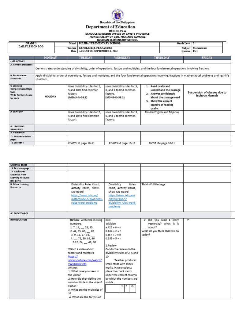 DLL - MATH 5 - w1d1 2023-2024 | PDF | Learning | Cognition
