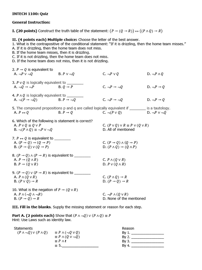 INTECH 1100 Quiz | PDF | Logical Consequence | Syntax (Logic)