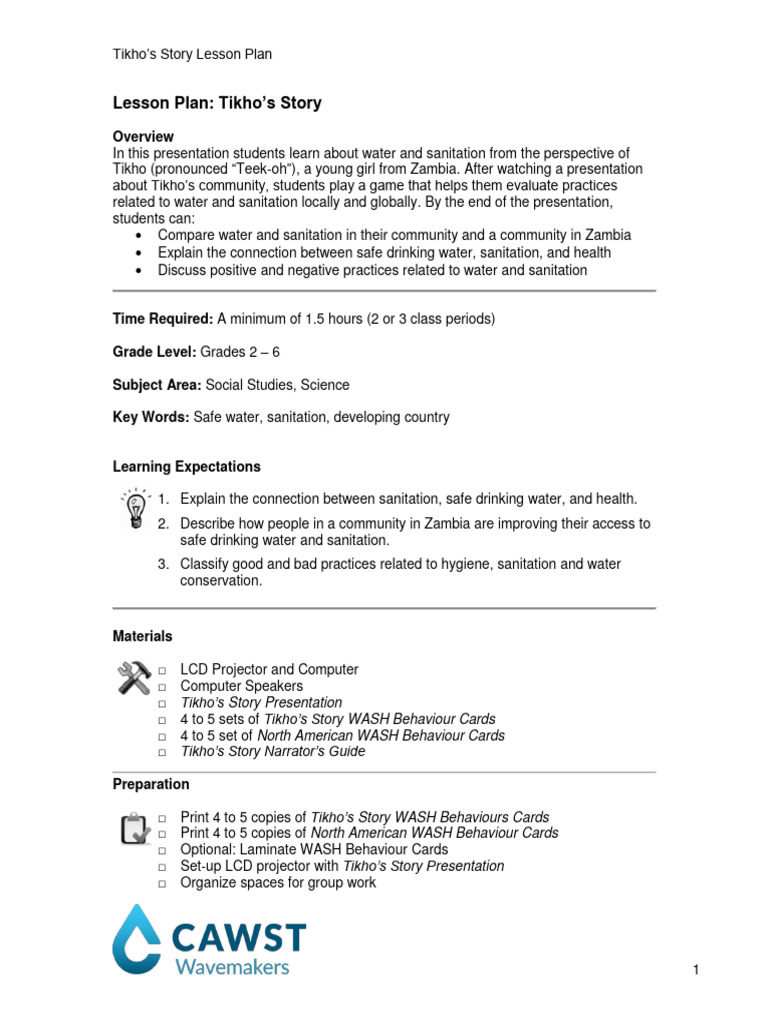 Tikho's Story: Water & Sanitation Lesson | PDF | Wash | Drinking Water