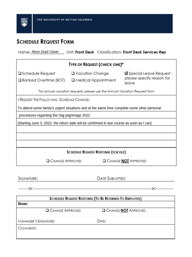 Front Desk Schedule Change Request Form | PDF