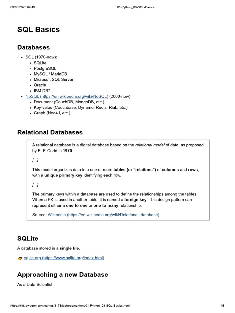 01 Python 03 SQL Basics | PDF | Relational Database | Sql 01 Python 03 SQL Basics | PDF | Relational Database | Sql
