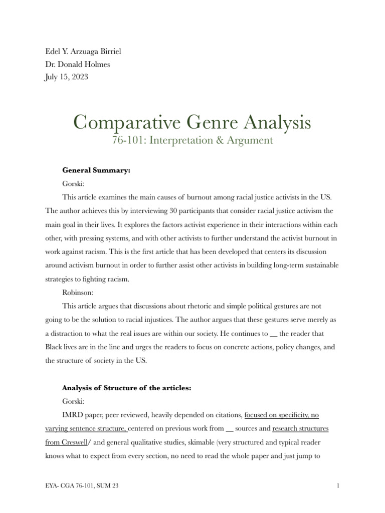 Comparative Genre Analysis: 76-101: Interpretation & Argument | PDF