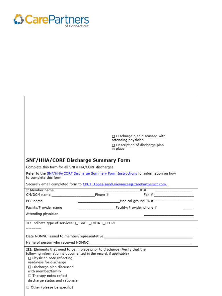SNF/HHA/CORF Discharge Summary Form | PDF | Medicare (United States ...